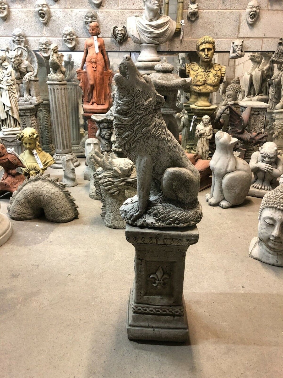Howling Wolf on Plinth Statue Cement Sculpture Concrete Predator ...