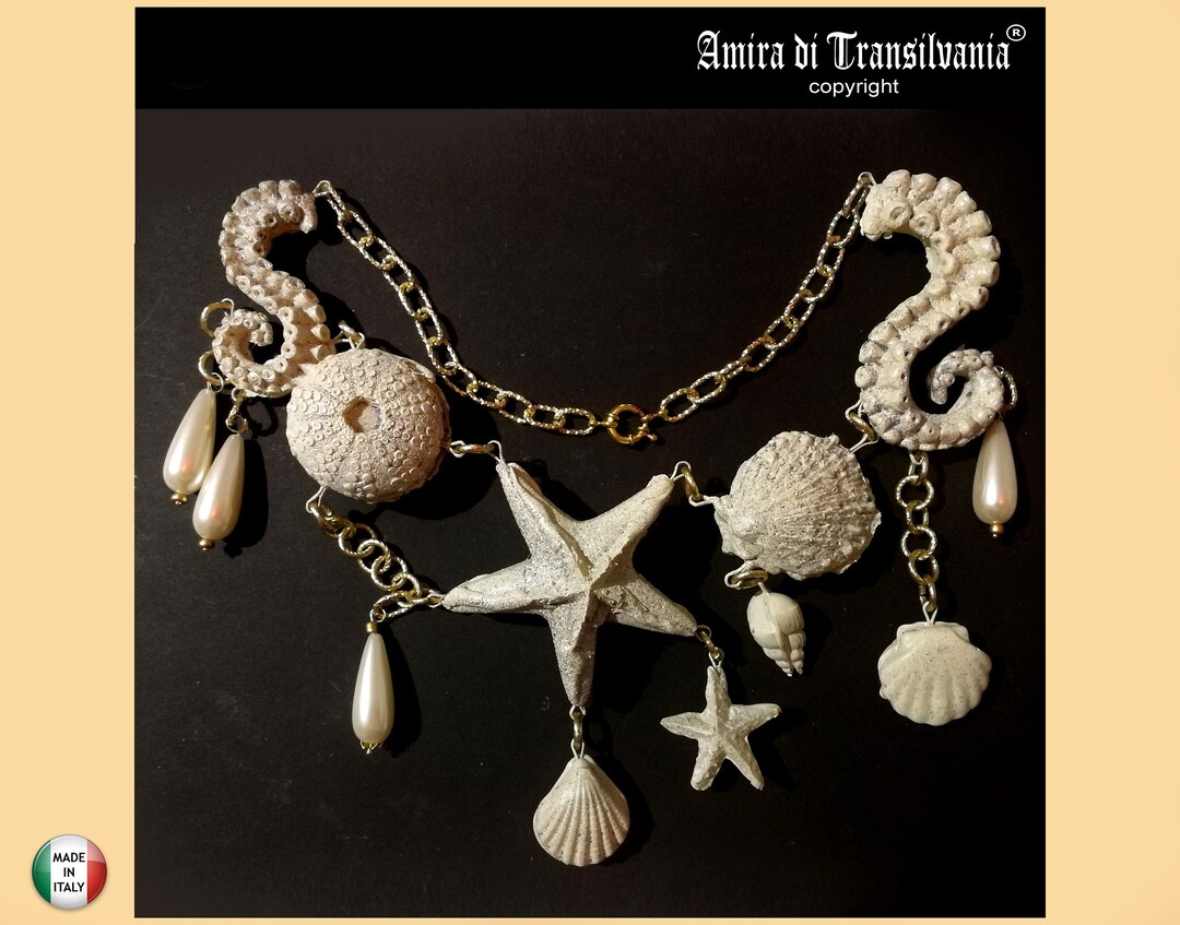 Sea Shells Beach Jewelry, Ivory Pendant Necklace, Starfish Beaded ...