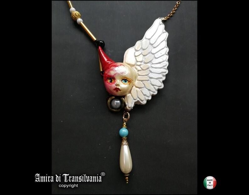 Angel and Demon Pendant, Vintage Head Doll Necklace, Devil Horn Jewelry ...