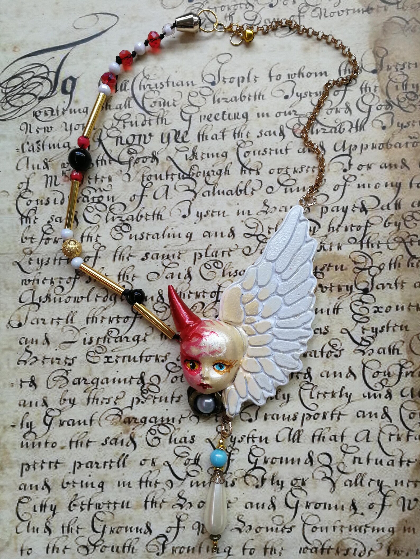 Angel and Demon Pendant, Vintage Head Doll Necklace, Devil Horn Jewelry ...