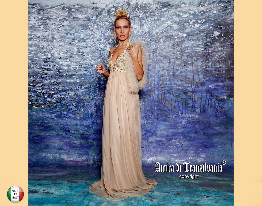 Beige Color Dress, Embroidered Gown Woman Elegant Prom Wrap, Silk ...