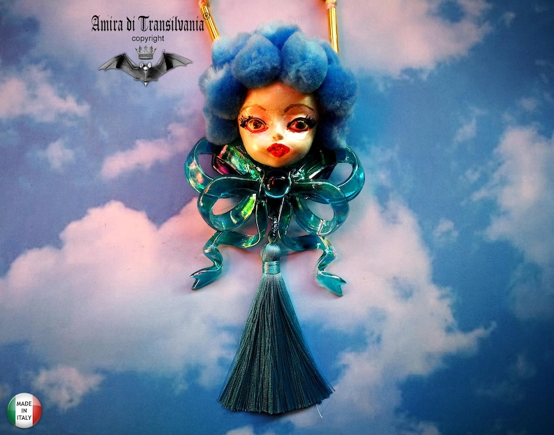 Blue Fairy Doll Head Pendant, Belle Epoque Tassel Bib Necklace - Etsy