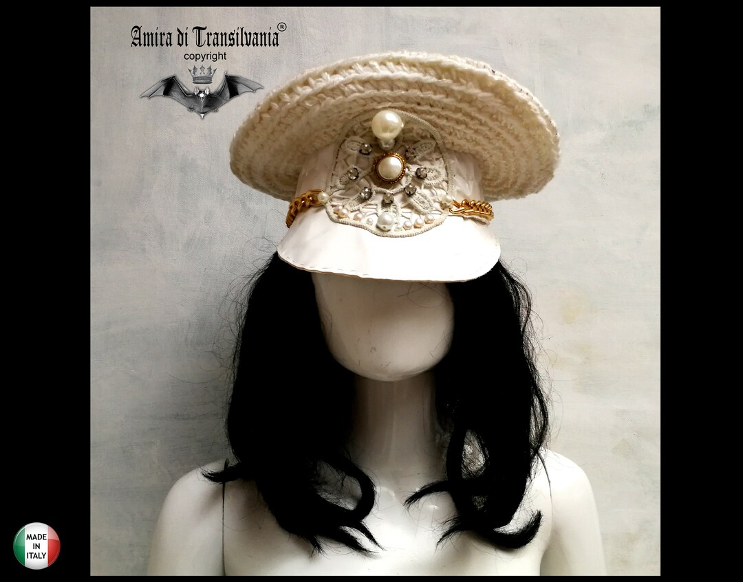 Police Hat, White Bonnet Extravagant Cap Vinyl Pearl, Fascinator Party ...