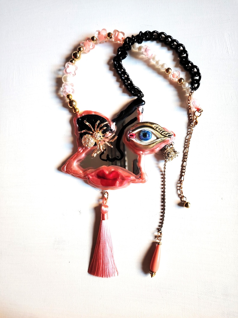 Brutalist Happy Face Pendant, Mirror, Gold Spider, Tassel Charm - Etsy