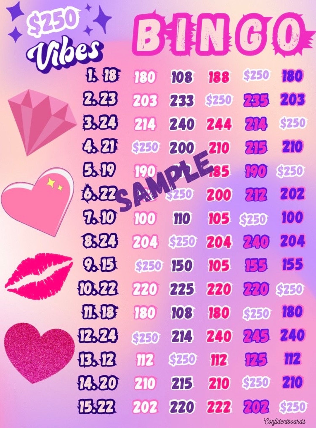 250 Pyp Bingo Board With Profit Glamour - Etsy