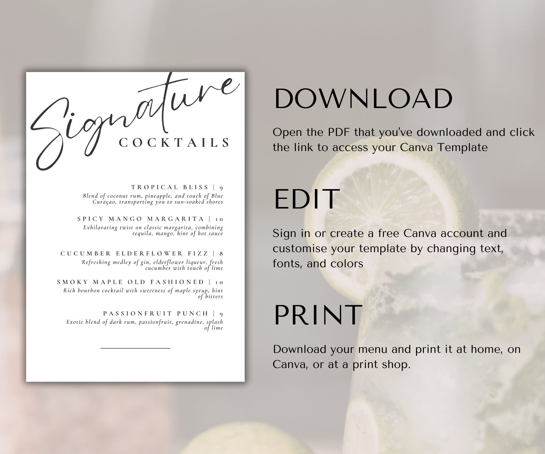 Editable Signature Cocktails Menu Template Modern Design - Etsy