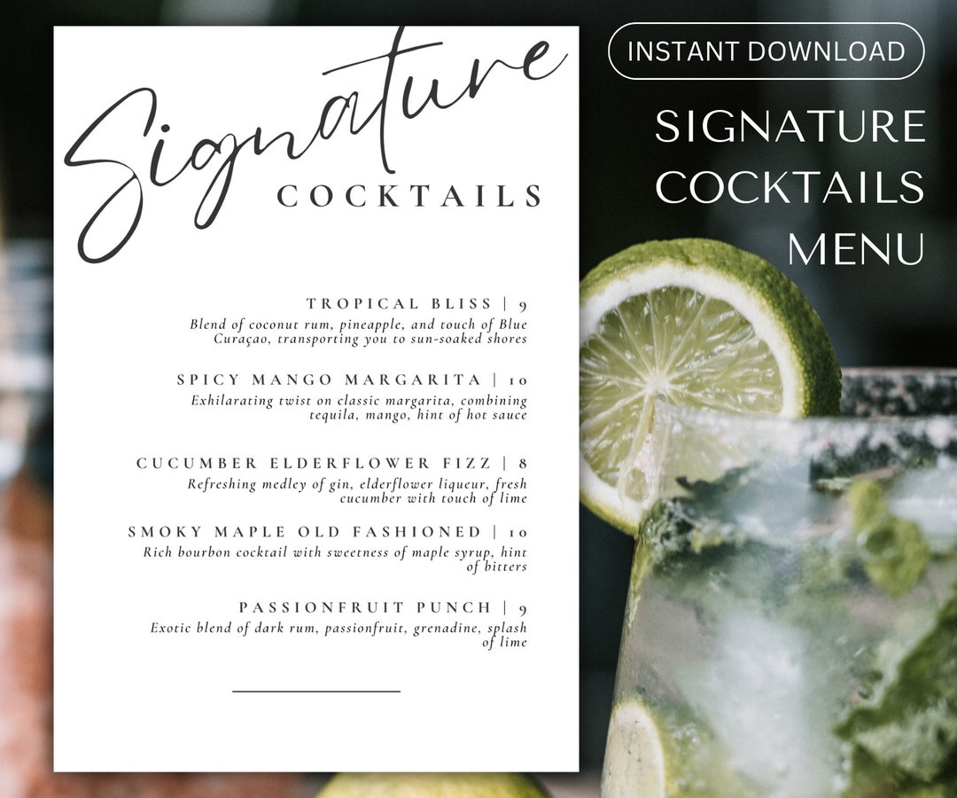 Editable Signature Cocktails Menu Template Modern Design - Etsy