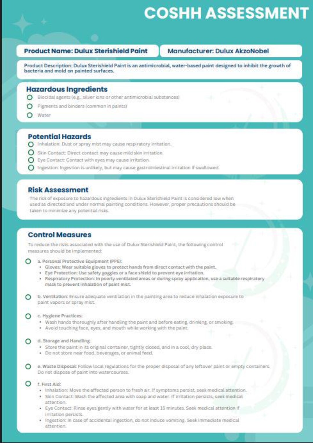 COSHH Assessment for Dulux Sterishield Paint - Etsy