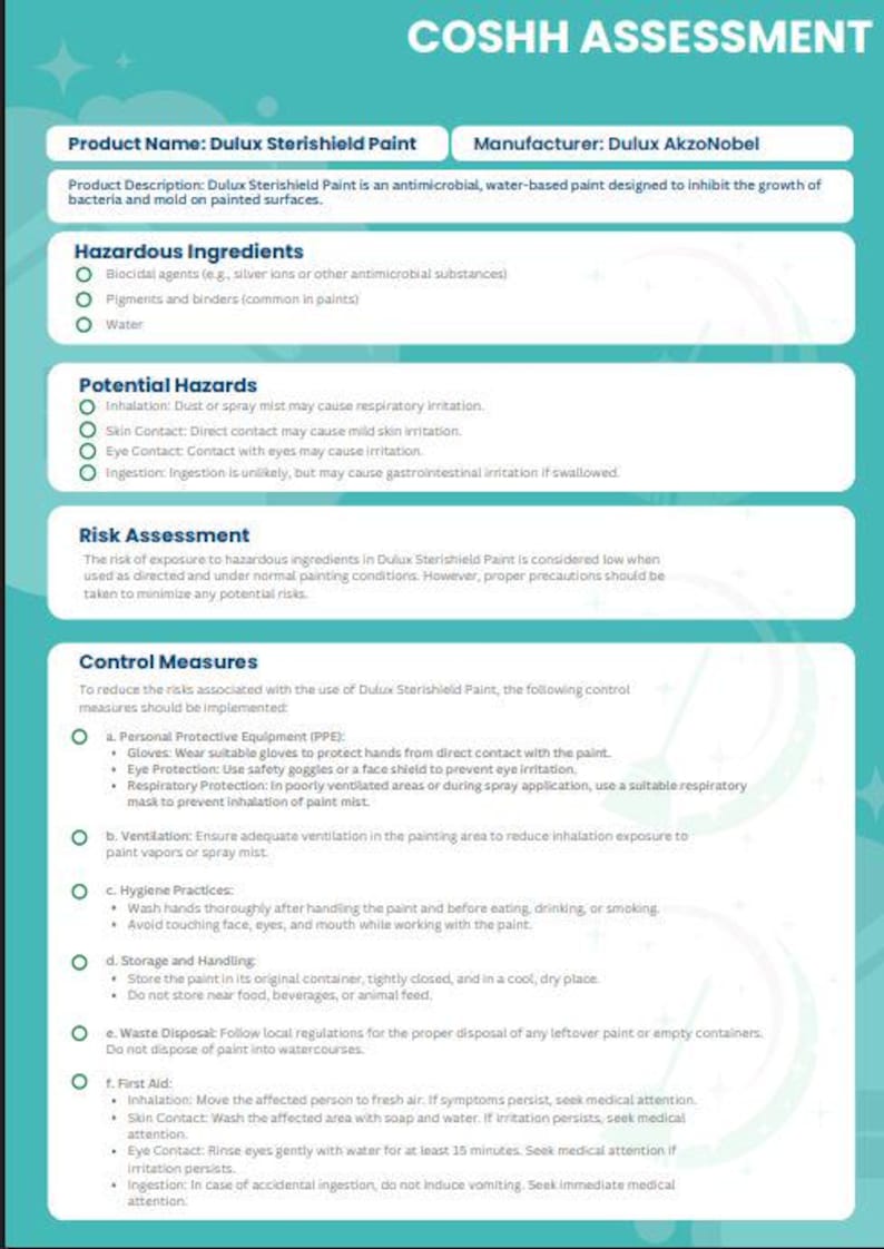 COSHH Assessment for Dulux Sterishield Paint - Etsy