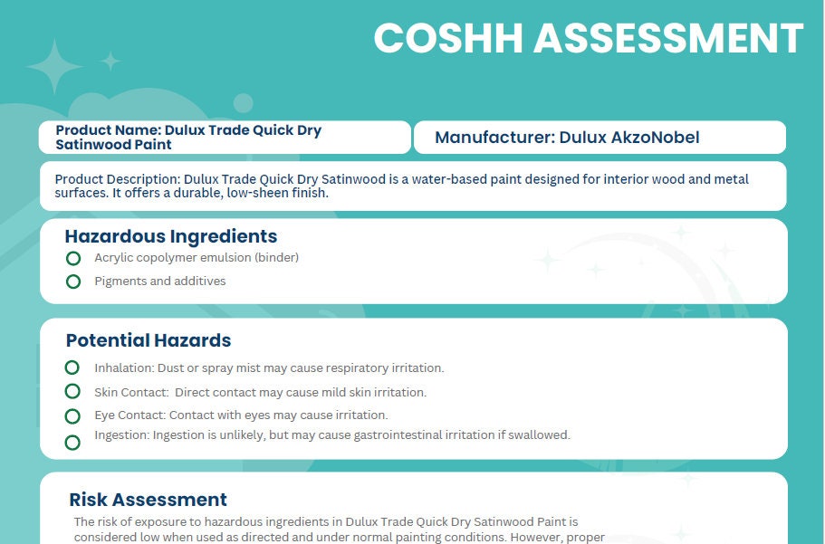 COSHH Assessment for Dulux Trade Quick Dry Satinwood Paint - Etsy