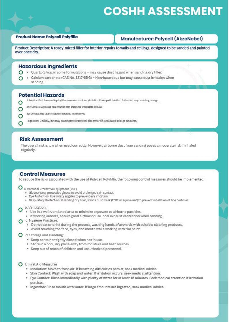 COSHH Assessment for Polycell Polyfilla - Etsy