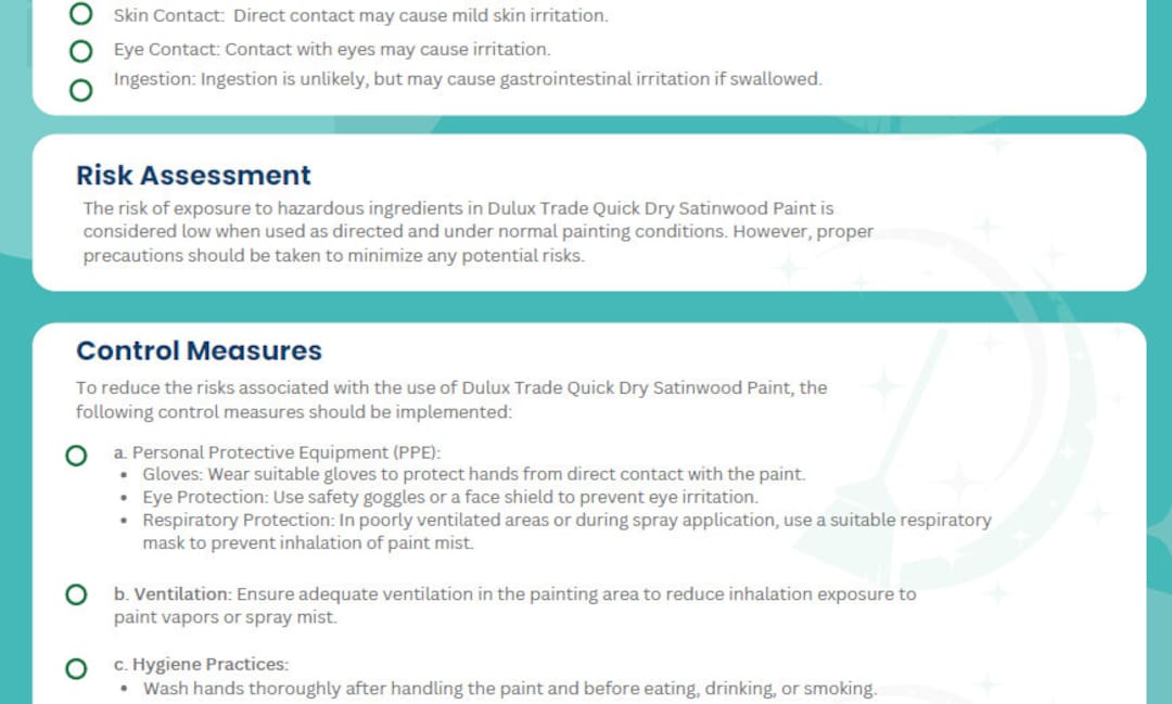 COSHH Assessment for Dulux Trade Quick Dry Satinwood Paint - Etsy