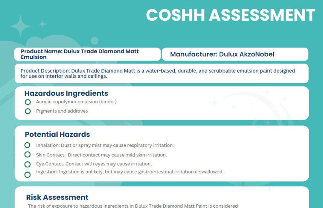 COSHH Assessment Dulux Trade Diamond Matt Emulsion - Etsy
