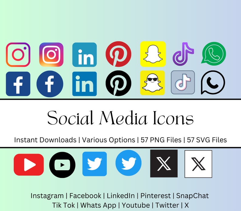 114 Social Media Icons Bundle Instant Download 57 PNG & 57 SVG Files ...