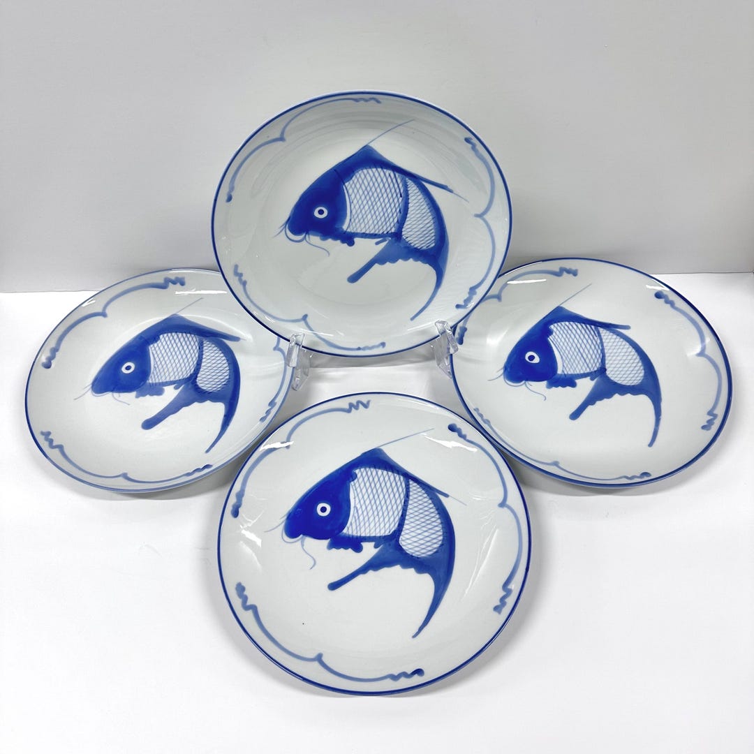 Set of 4 Blue & White Porcelain Fish Plates | 9.5” Dinner Plates ...