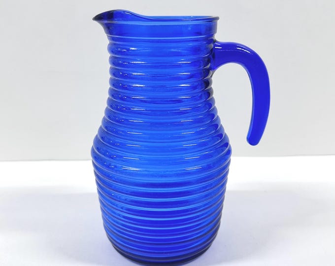 Vintage Cobalt Blue Ribbed Glass Pitcher | 8” Tall Serving Jug Flower ...