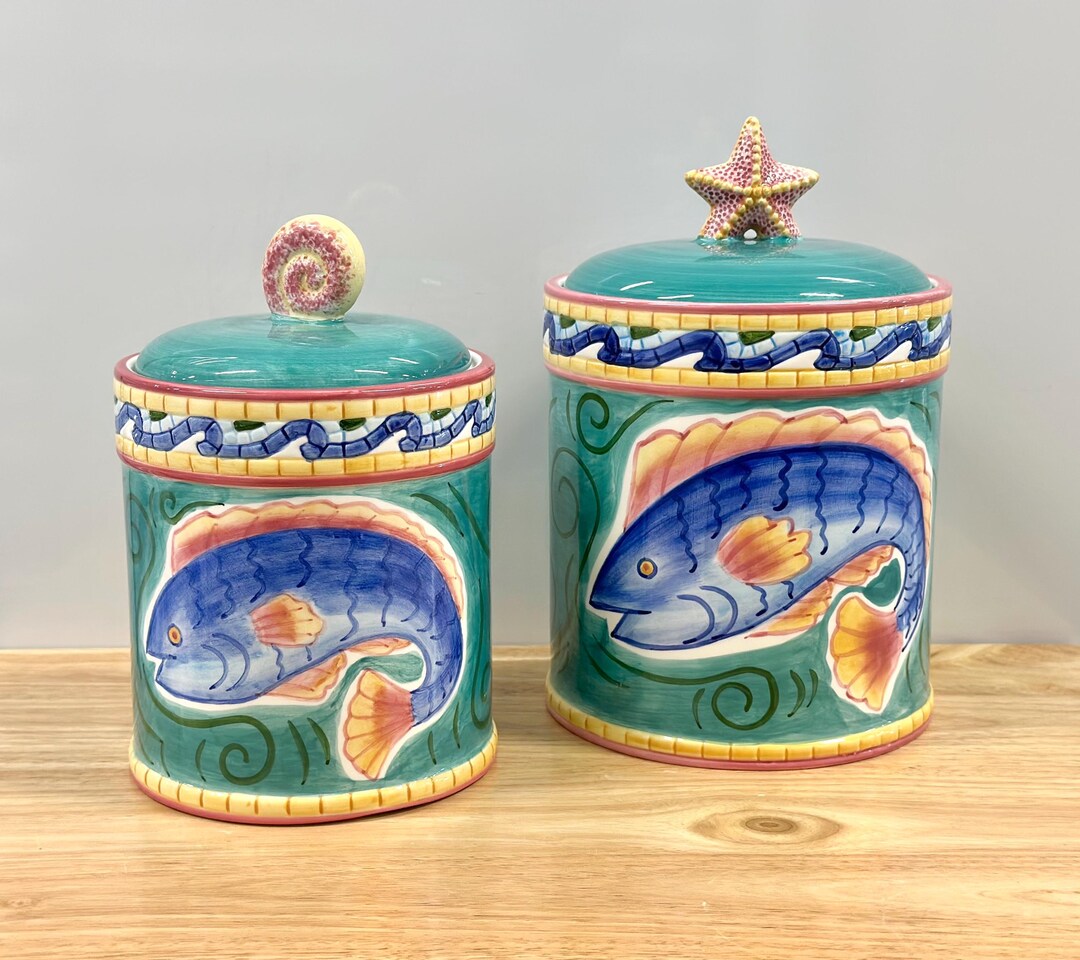 Clay Art Fish Canister Set | Handpainted Ceramic Kitchen Jars | Coastal ...