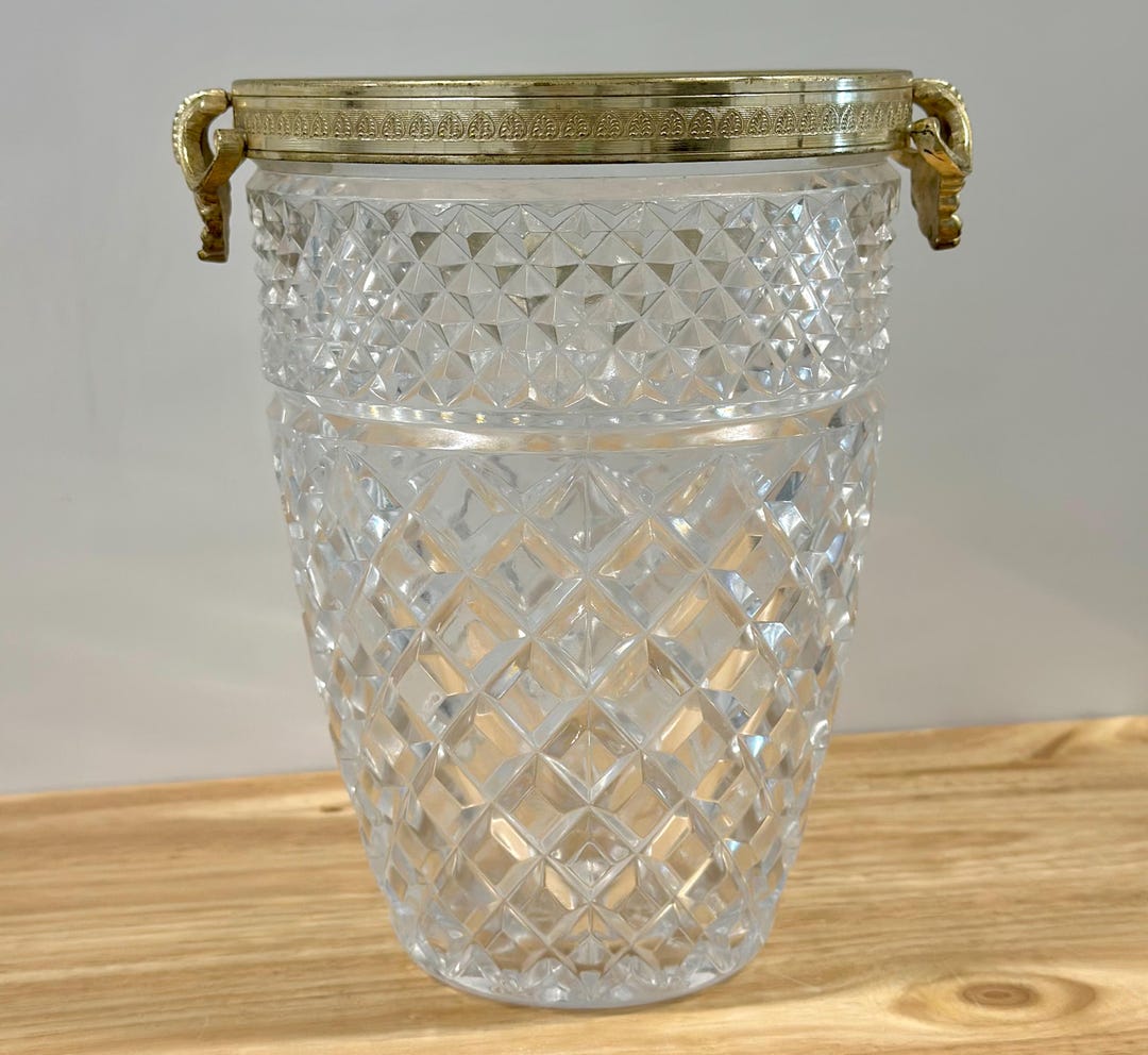 Vintage Cut Glass Ice Bucket With Ornate Brass Handles – Elegant Mid ...