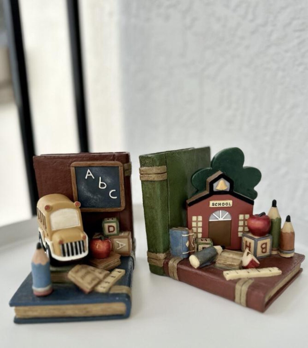 Vintage SCHOOL-THEME Bookends Teacher Child Gift Classroom Homeschool ...