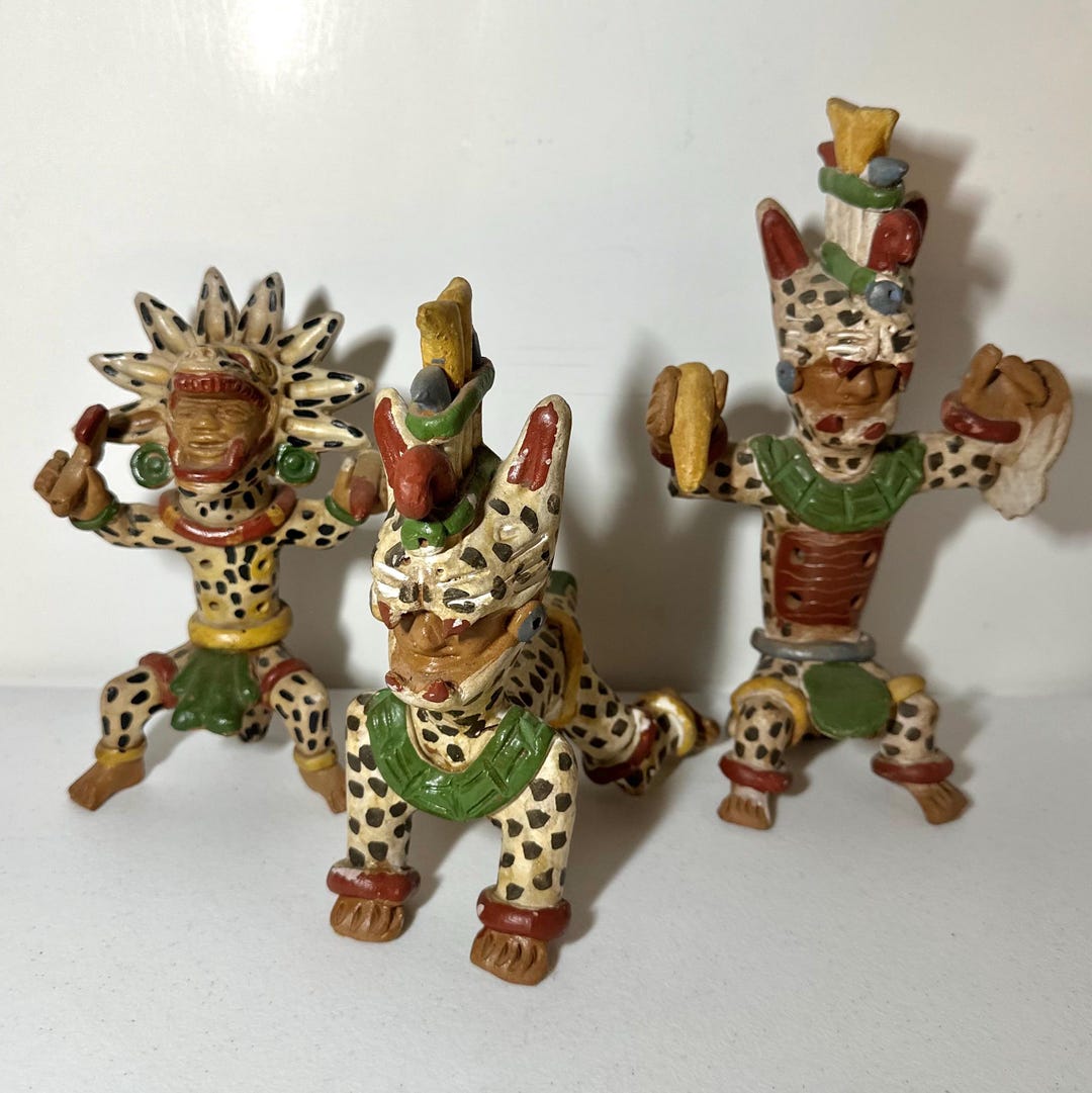 Rare Vintage Mayan Warrior Flute Figurines Hand-painted Clay Aztec ...