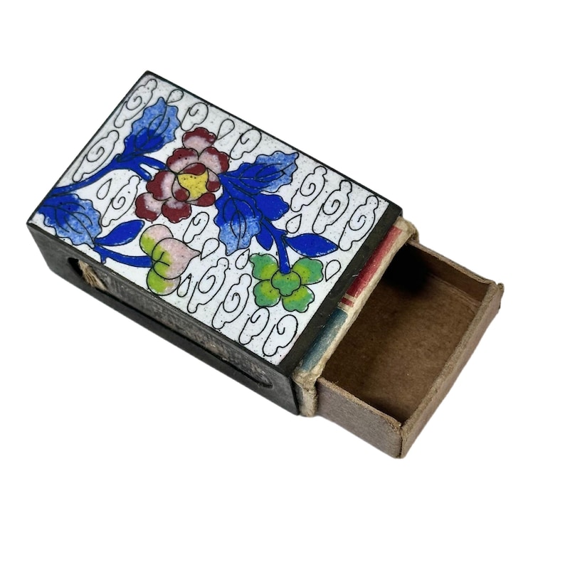 Vintage Chinese Cloisonné Matchbox Holder | Floral Enamel Metal Match ...