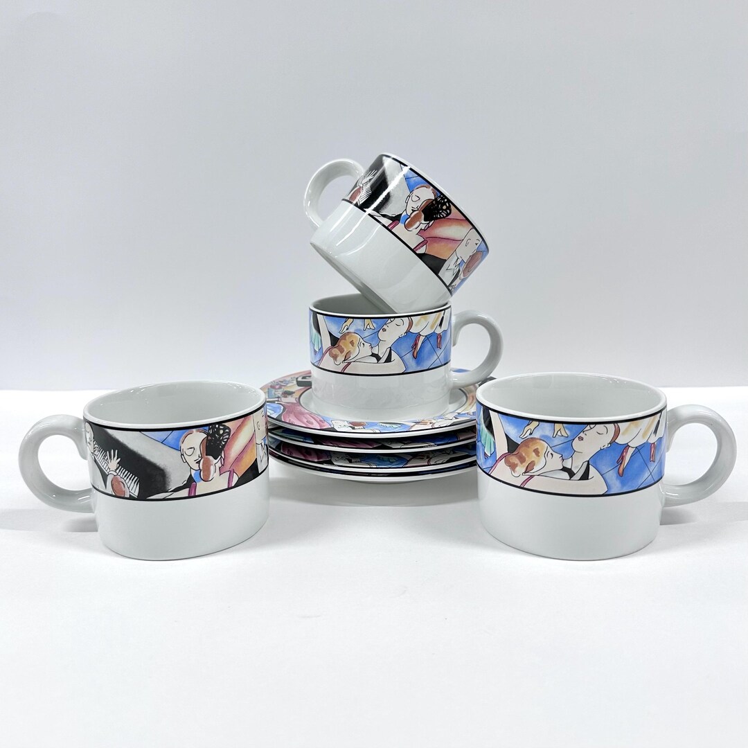 Vintage Sakura Tango Cups & Saucers by Sue Zipkin 1993 | Set of 4 Art ...