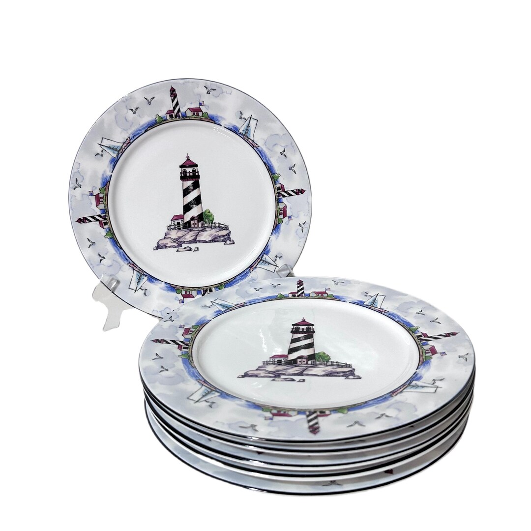 Set of 6 Coastal Lighthouse Dinner Plates 10.5” | Nautical Seaside ...