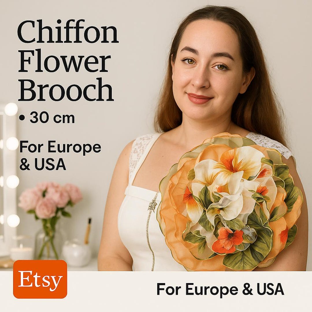 Large Orange & Green Chiffon Flower Brooch – 30 Cm Statement Fall ...