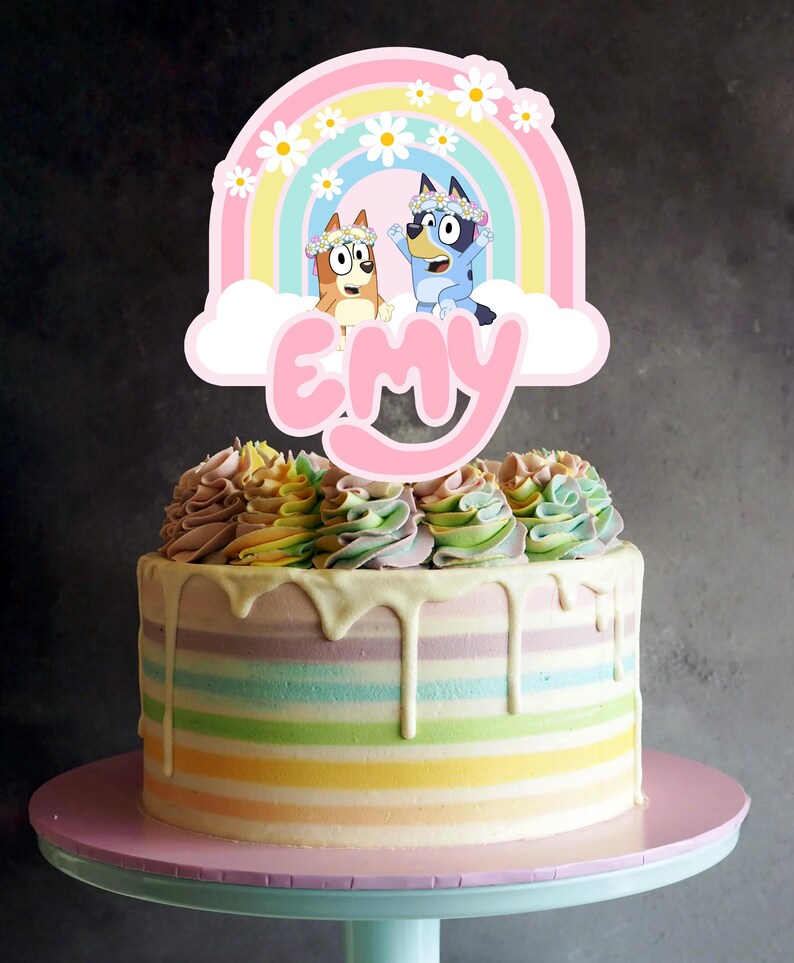 Rainbow Flowers Blue Dog Cake Topper Editable Flowers Bluey Bingo ...