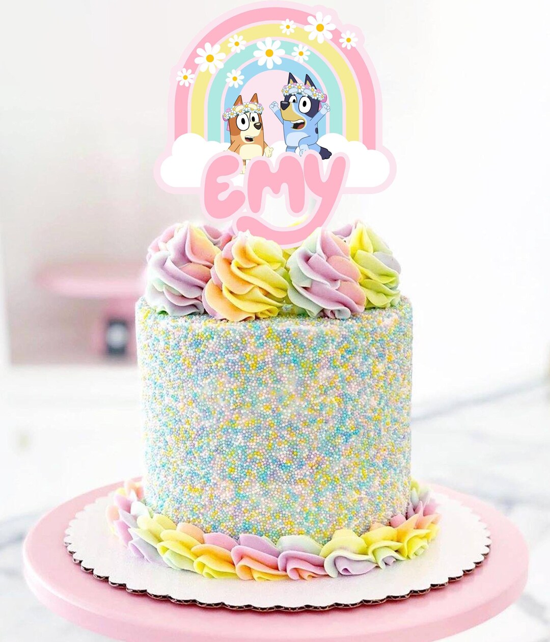 Rainbow Flowers Blue Dog Cake Topper Editable Flowers Bluey Bingo ...