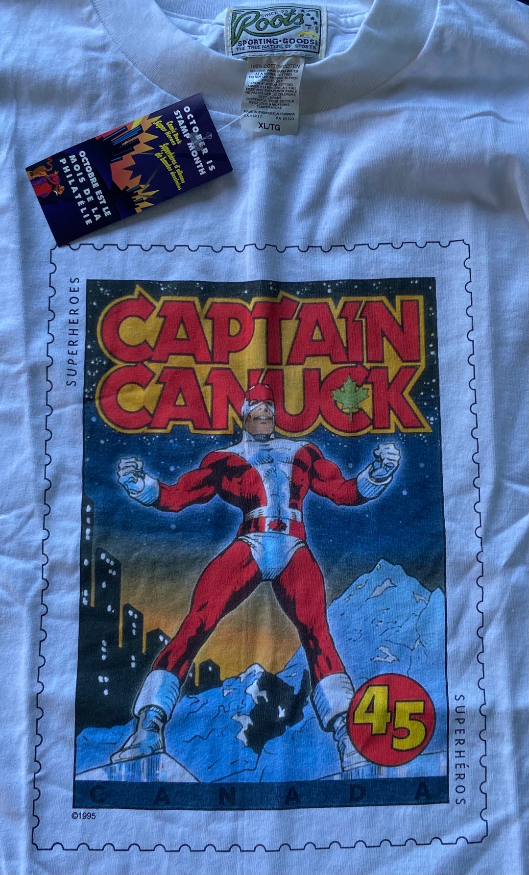 1995 Captain Canuck Stamp T-shirt NOS Vintage XL 1990s Roots Canada ...