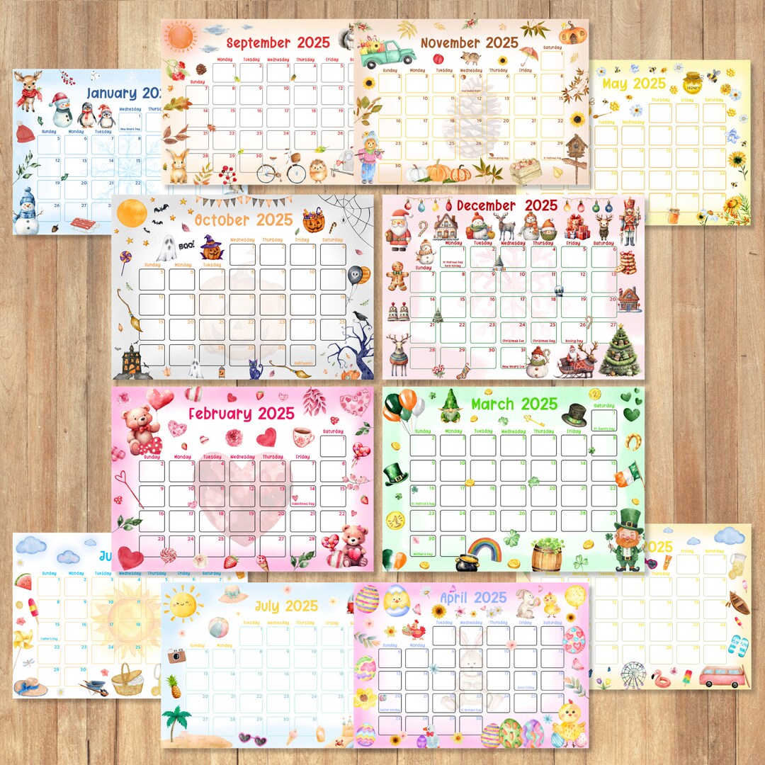 2025 Printable Calendars, Printable Kids Calendars, Watercolor ...