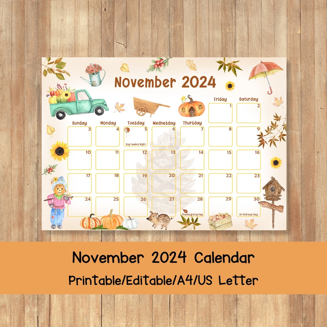 Printable November 2024 Calendar, Watercolour 2024 Calendar, Kids ...