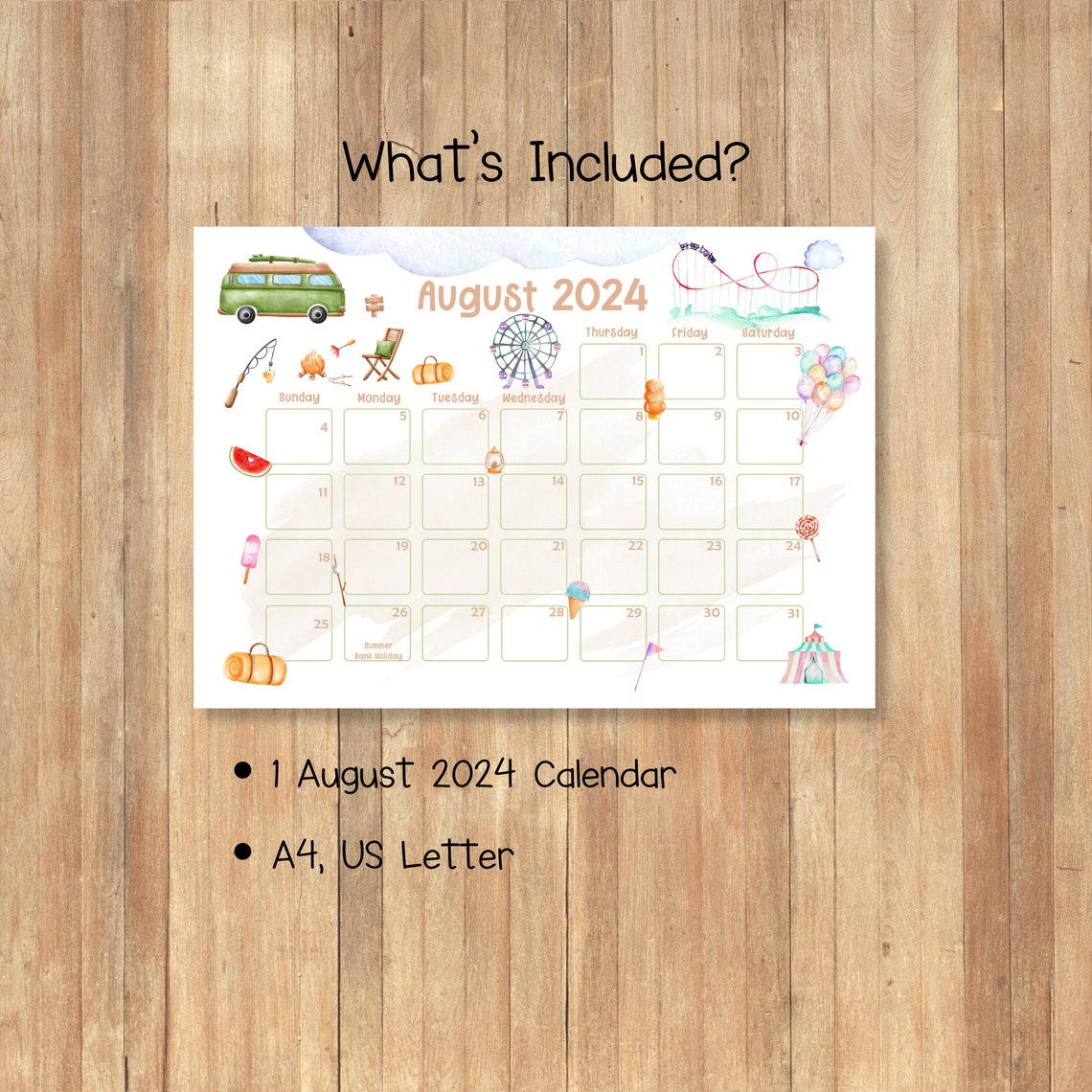 Printable August 2024 Calendar, Editable 2024 Calendar, Kids Spring ...