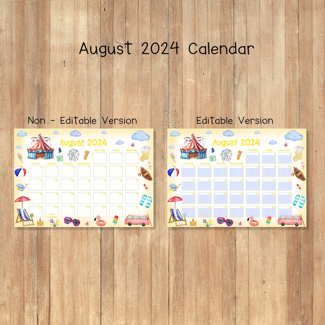 Printable August 2024 Calendar, Editable 2024 Calendar, Kids Spring ...