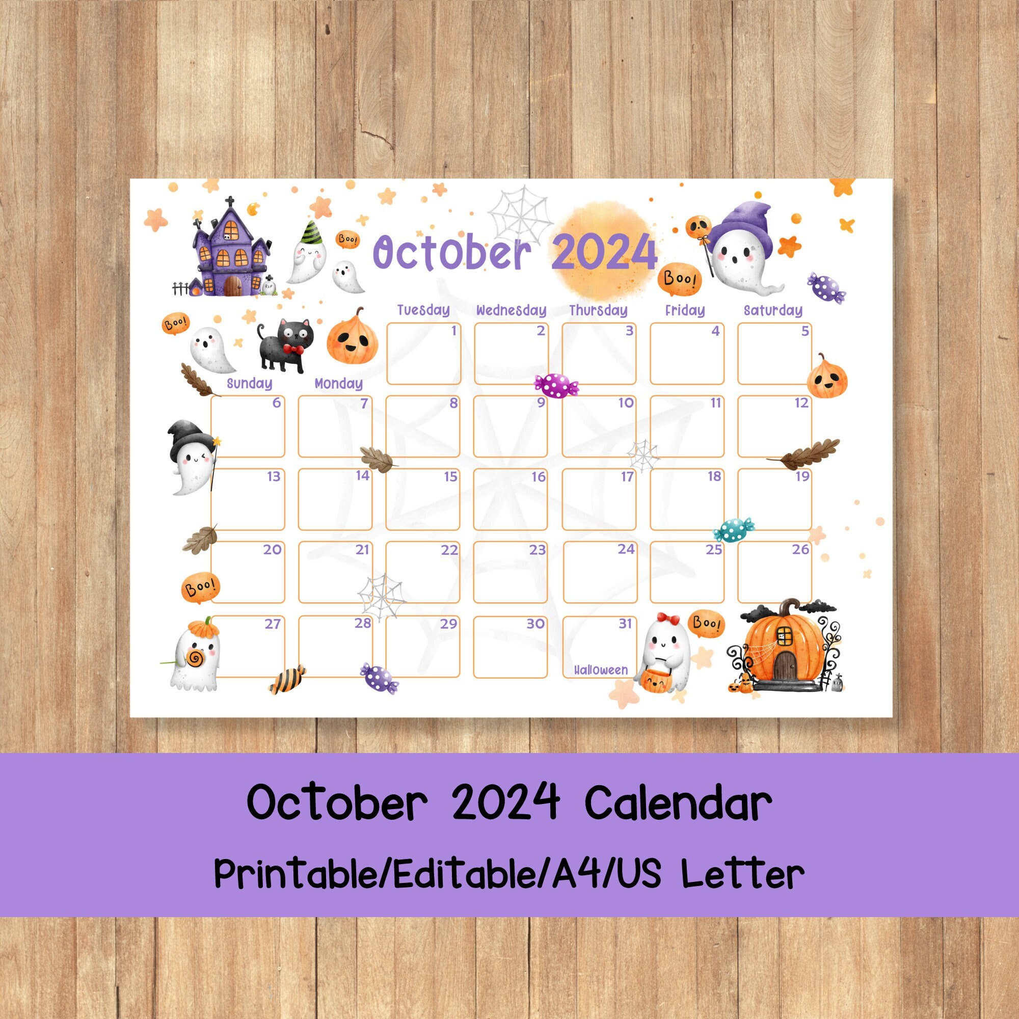 Printable October 2024 Calendar, Watercolour 2024 Calendar, Kids Spring ...