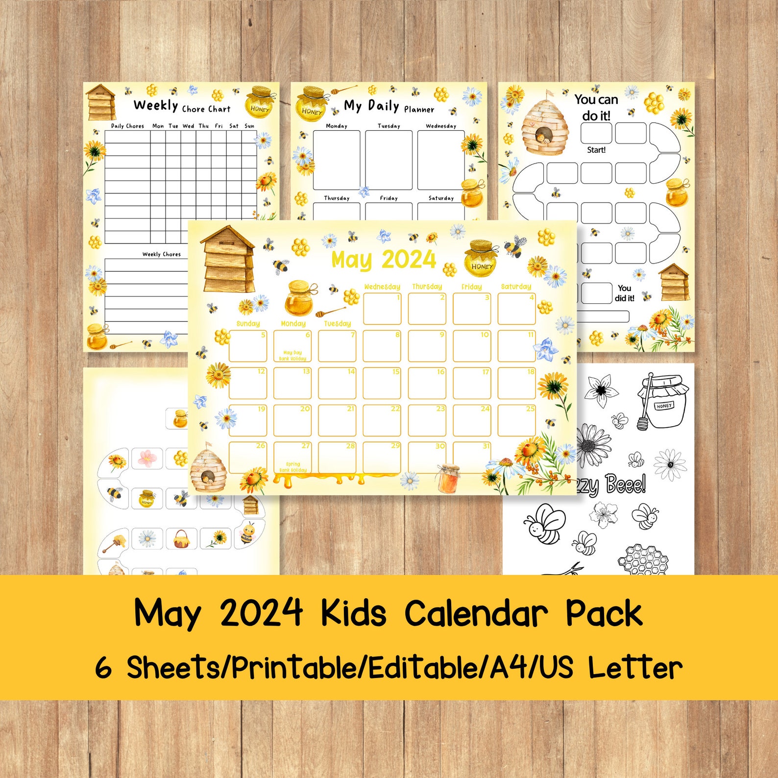 2024 May Printable Calendars, Printable Kids Calendar Pack, Watercolor ...