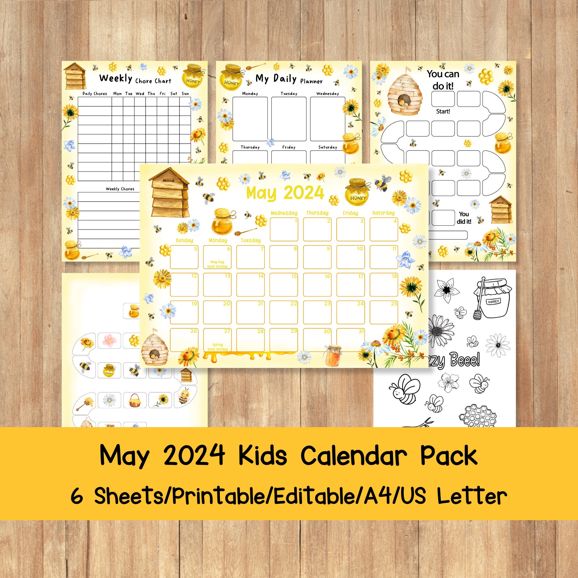 2024 May Printable Calendars, Printable Kids Calendar Pack, Watercolor ...