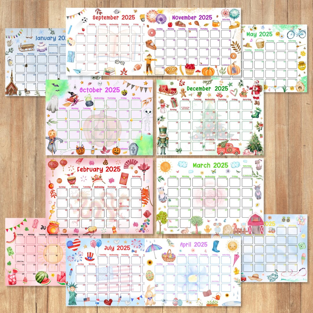 2025 Printable Calendars, Printable Kids Calendars, Watercolor ...