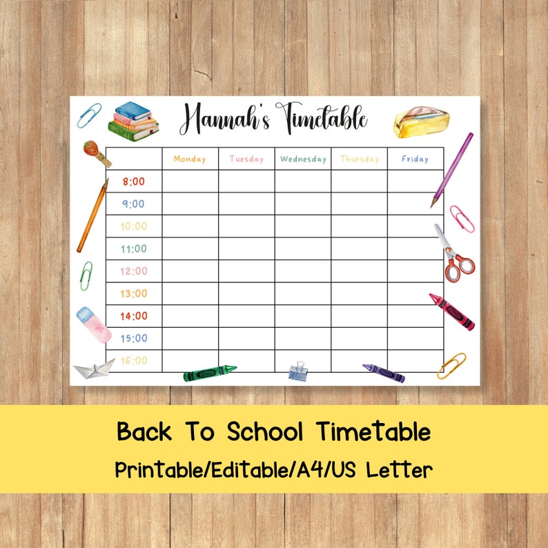 Back to School Timetable, Editable Kids Timetable, Elementary Kids ...