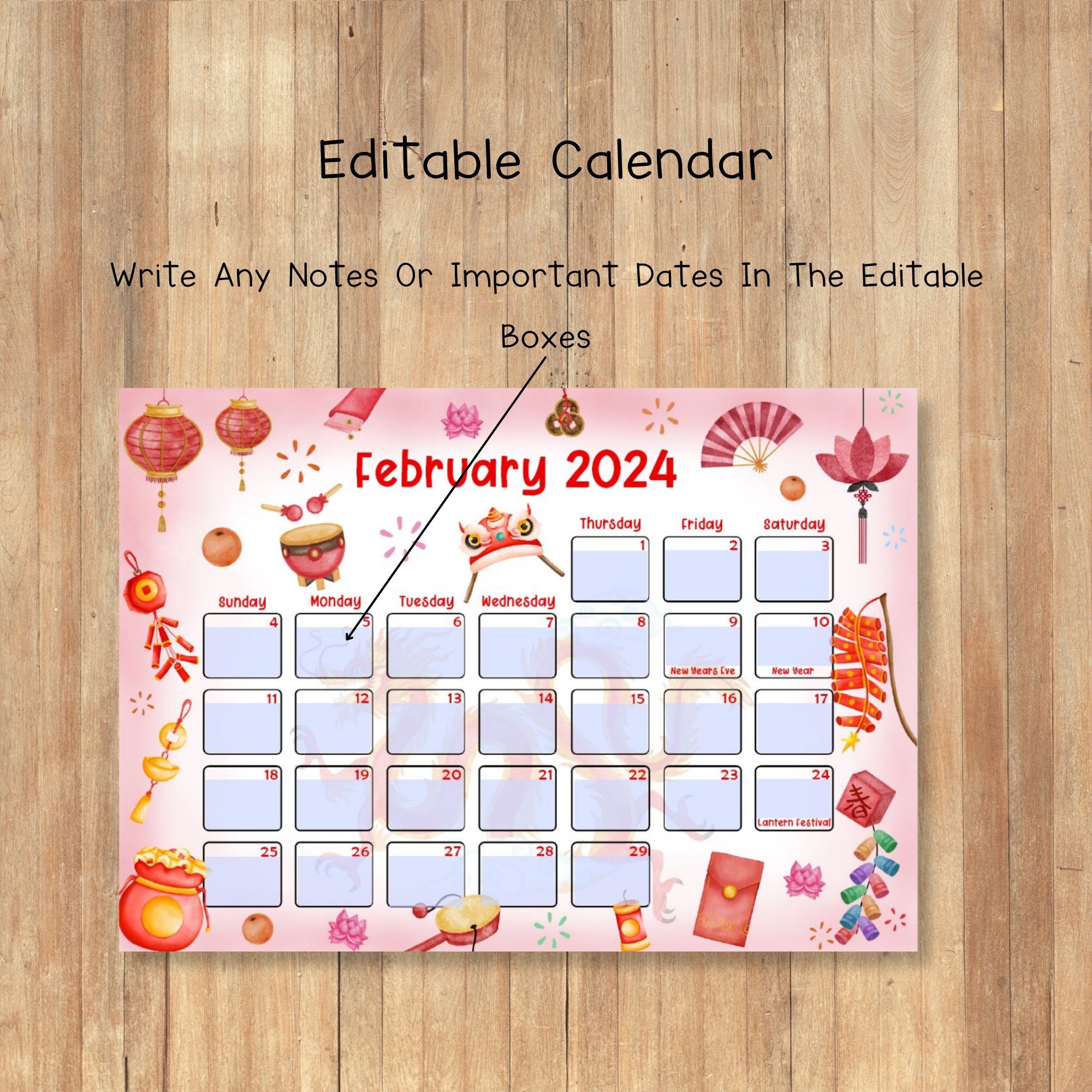 Printable February 2024 Calendar, Editable 2024 Calendar, Lunar New ...