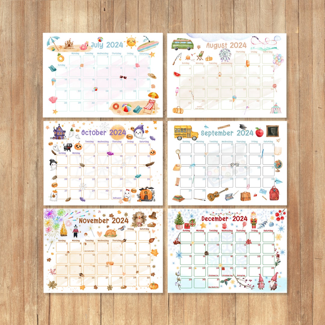 2024 Printable Calendars, Second Half Calendars, Printable Kids ...