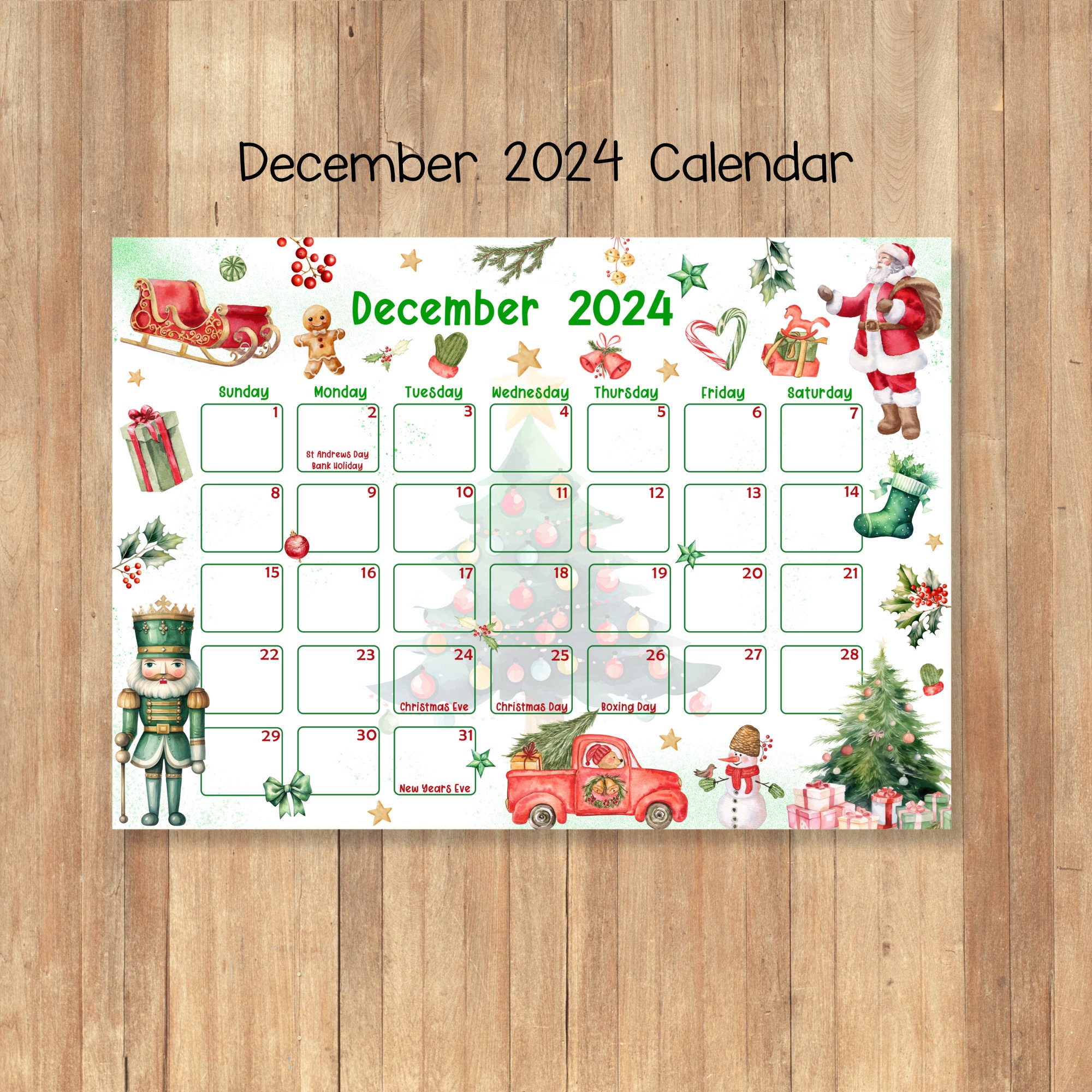 Printable December 2024 Calendar, Watercolour 2024 Calendar, Kids ...