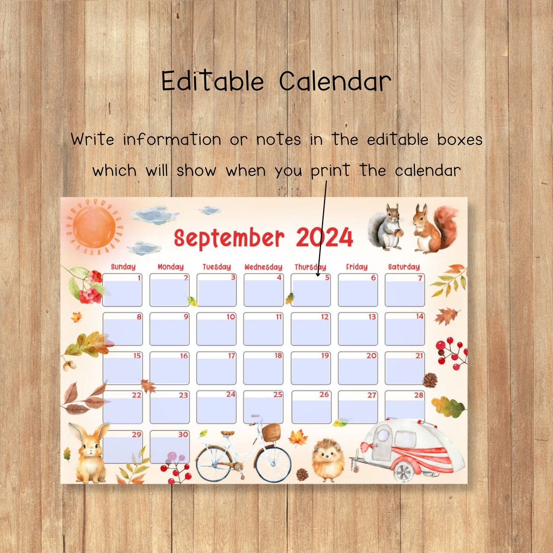Printable September 2024 Calendar, Editable 2024 Calendar, Kids Spring ...