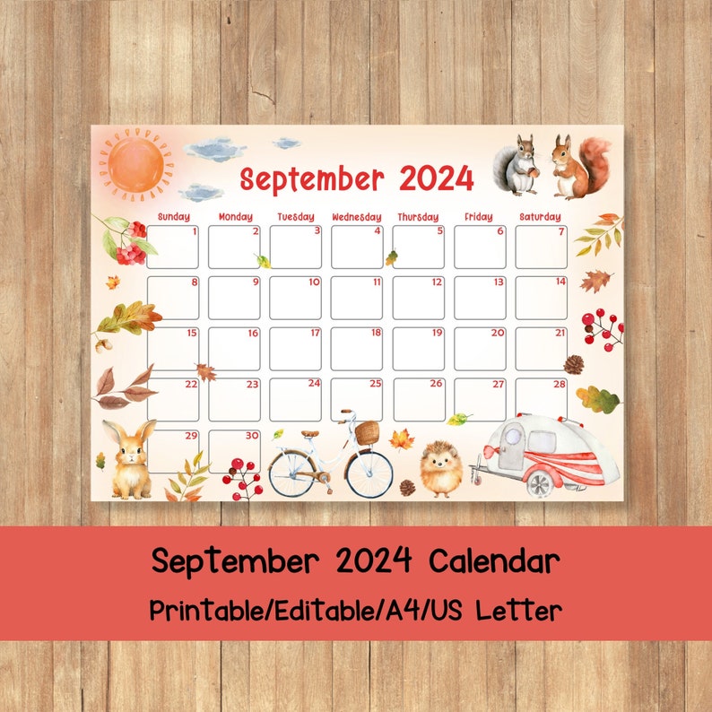 Printable September 2024 Calendar, Editable 2024 Calendar, Kids Spring ...