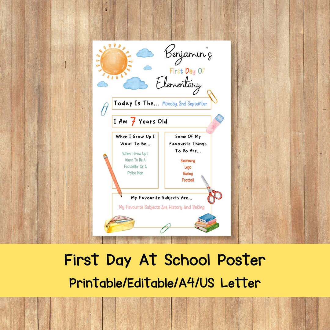 First Day of School Poster, Editable Back to School Sign, Elementary ...