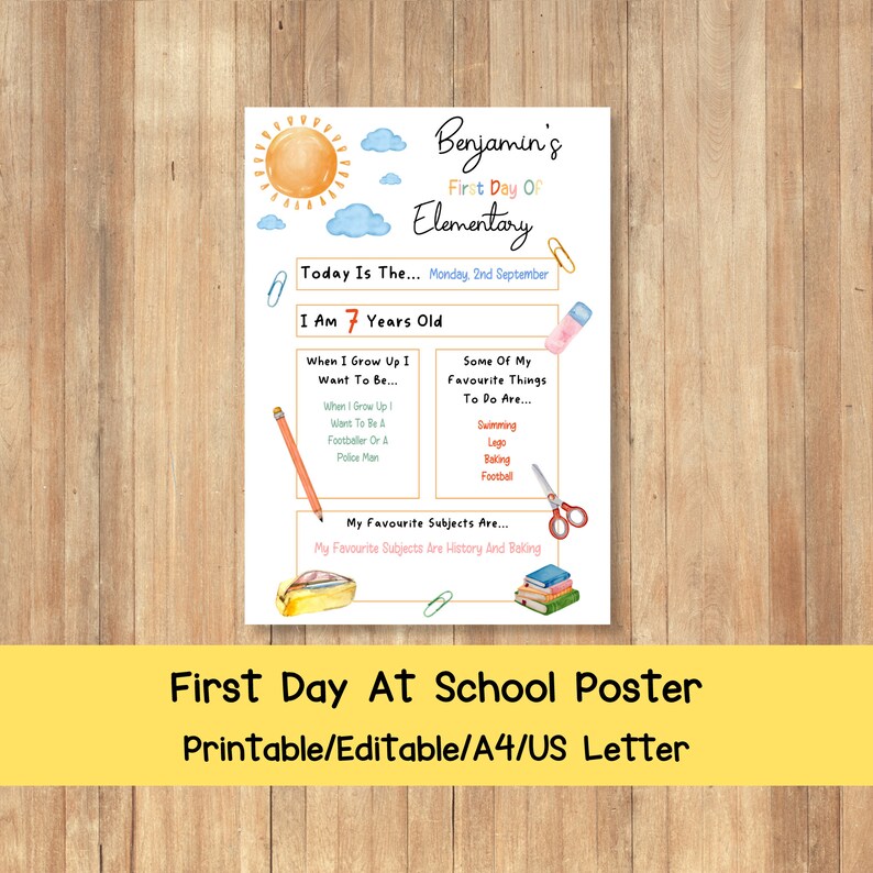First Day of School Poster, Editable Back to School Sign, Elementary ...