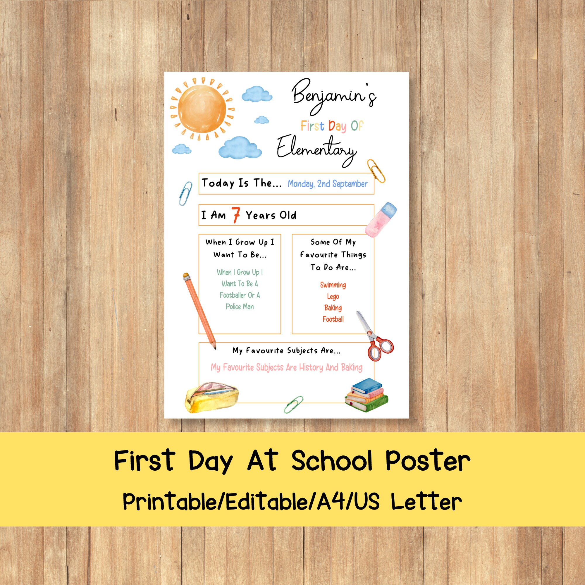 First Day of School Poster, Editable Back to School Sign, Elementary ...