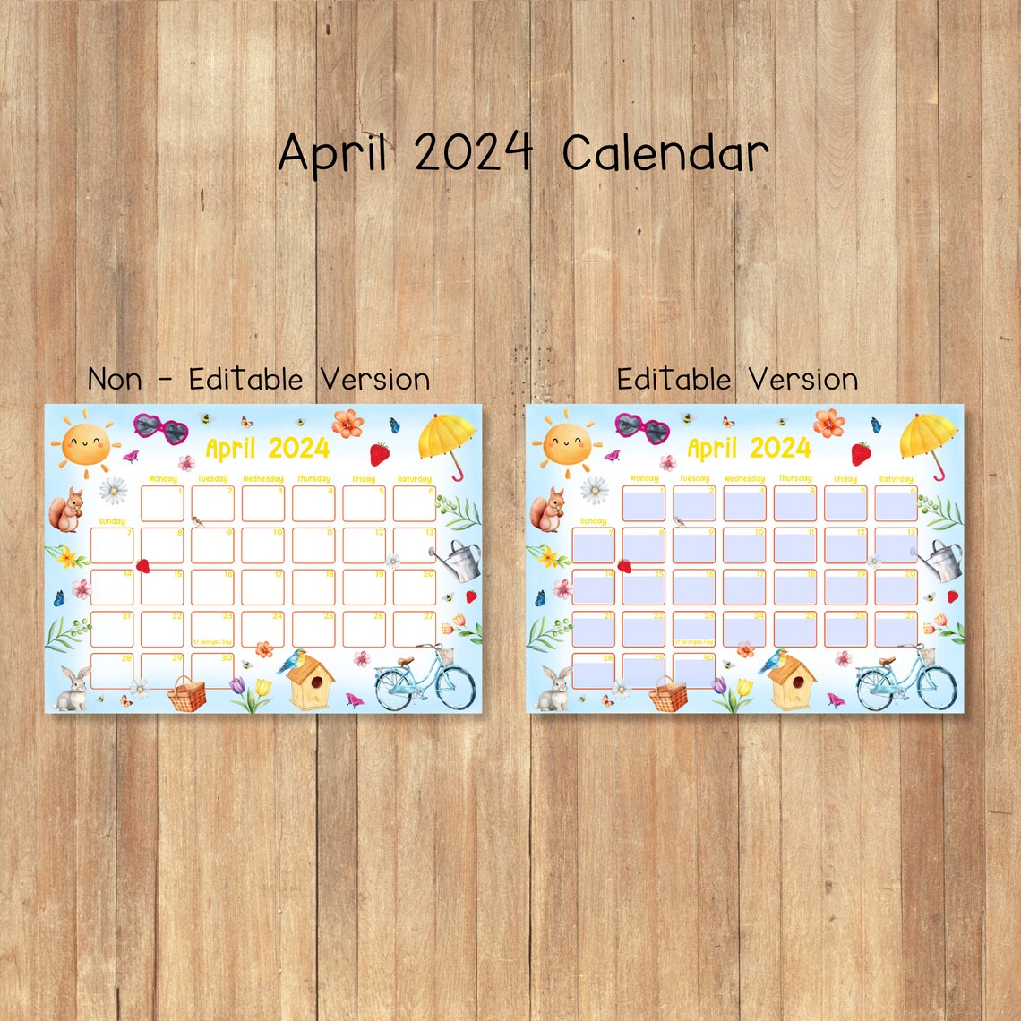 Printable April 2024 Calendar, Editable 2024 Calendar, Kids Spring ...