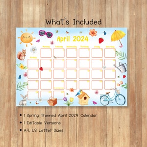 Printable April 2024 Calendar, Editable 2024 Calendar, Kids Spring ...